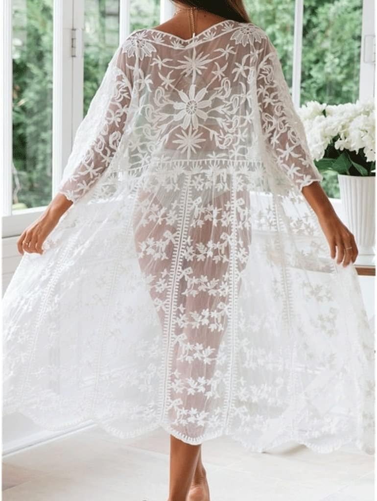 Amazon.com: ZSEDP Crochet White Knitted Beach Cover up Dress Tunic Long ...