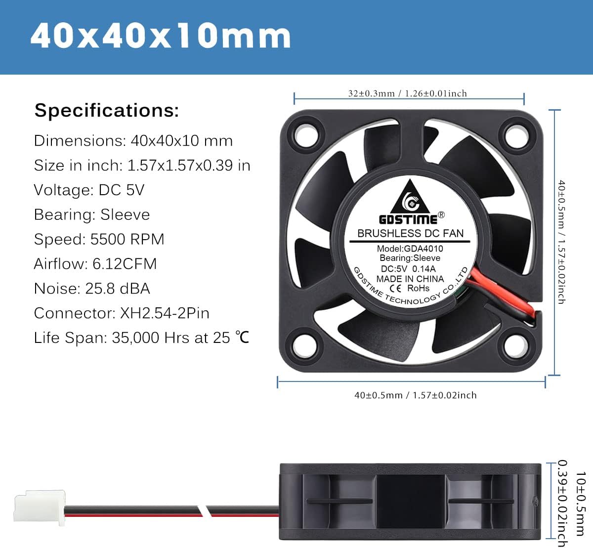 GDSTIME 2Pcs 40 x 10mm Fan 5V 4010 Cooling Fan 40mm x 10mm Brushless ...