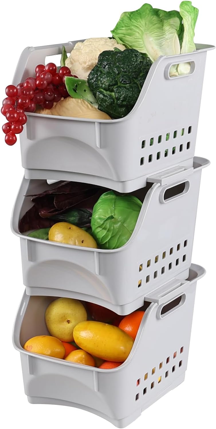 Minekkyes Set of 3 Plastic Kitchen Stacking Baskets, Stacking Open ...