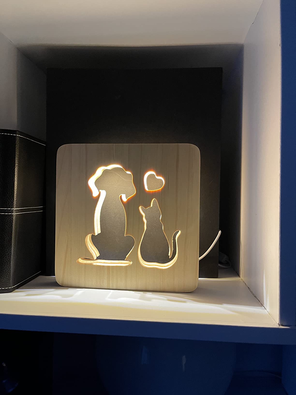 CooPark Dog and Cat Love Bedside Lamp, 3D Optical Cute Animal LED Wood ...