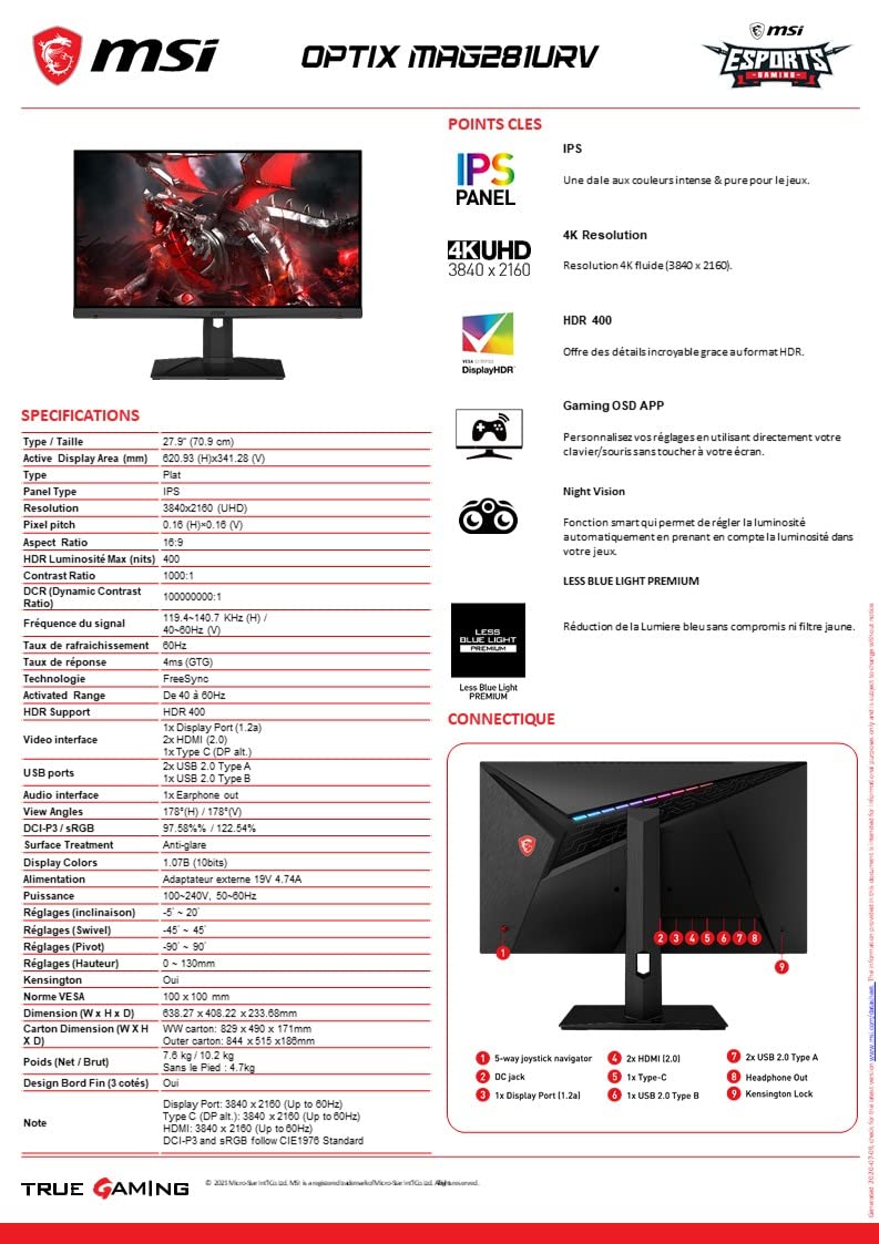 MSI Optix MAG281URV - Écran Gaming 27,9" 4K UHD -Dalle IPS 3840x2160 ...