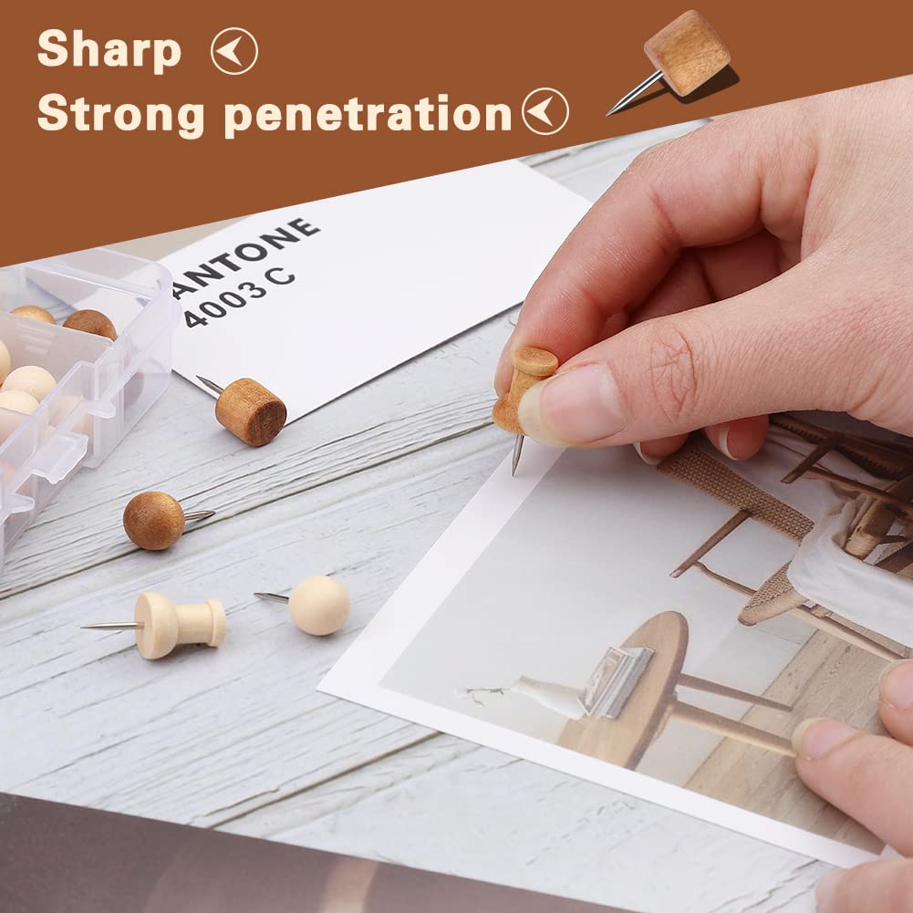 Snapklik.com : 60 Pcs Wood Push Pins, 2 Colors And 5 Types Decorative ...