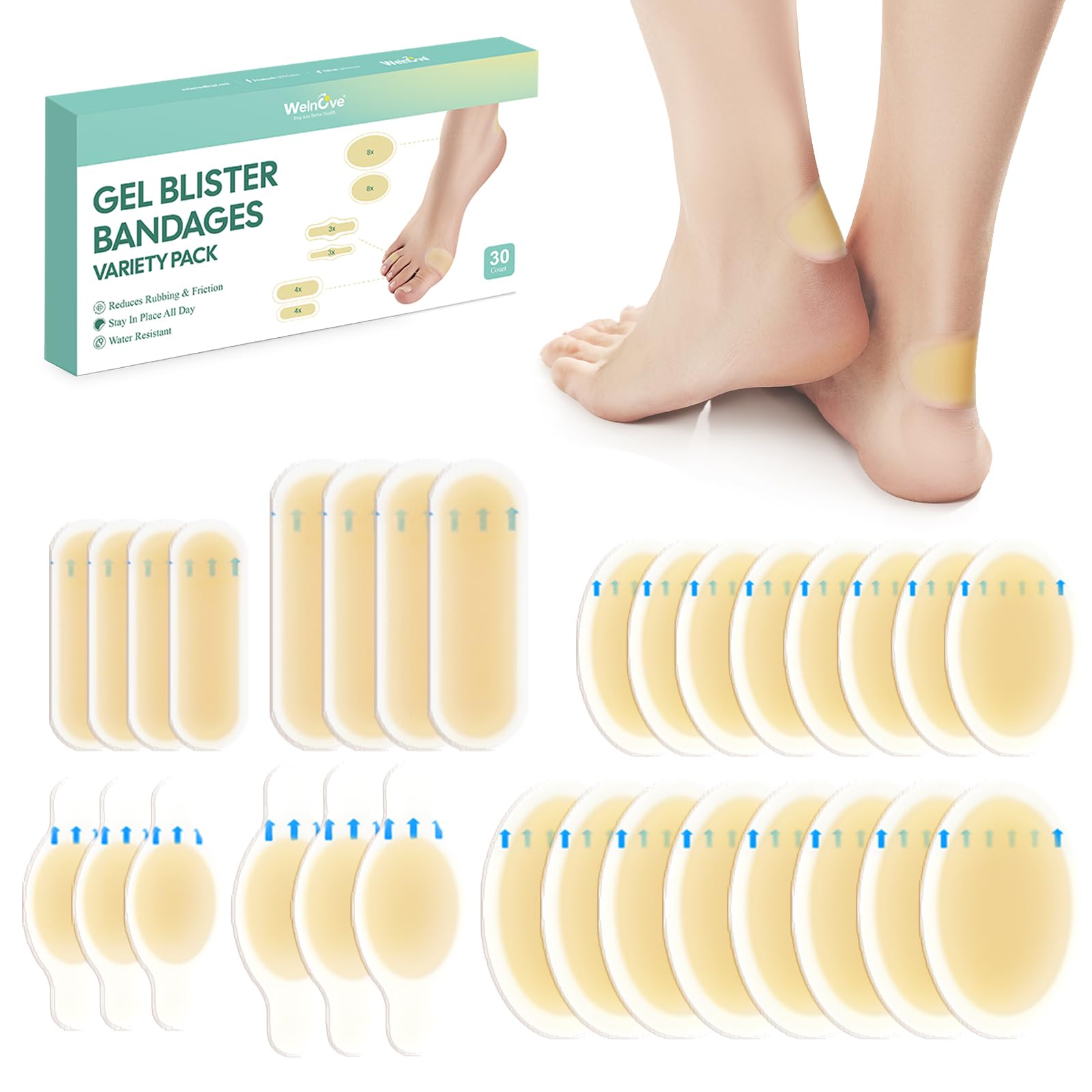 30 Pieces Blister Plasters for Feet - Welnove Invisible Hydrocolloid ...