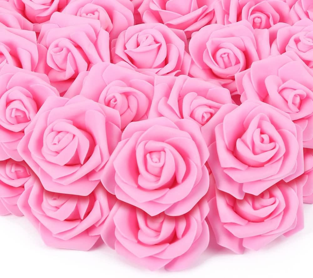 Amazon.com: INSUNSIX 200pcs Pink Artificial Foam Rose Flower Head, 3 ...