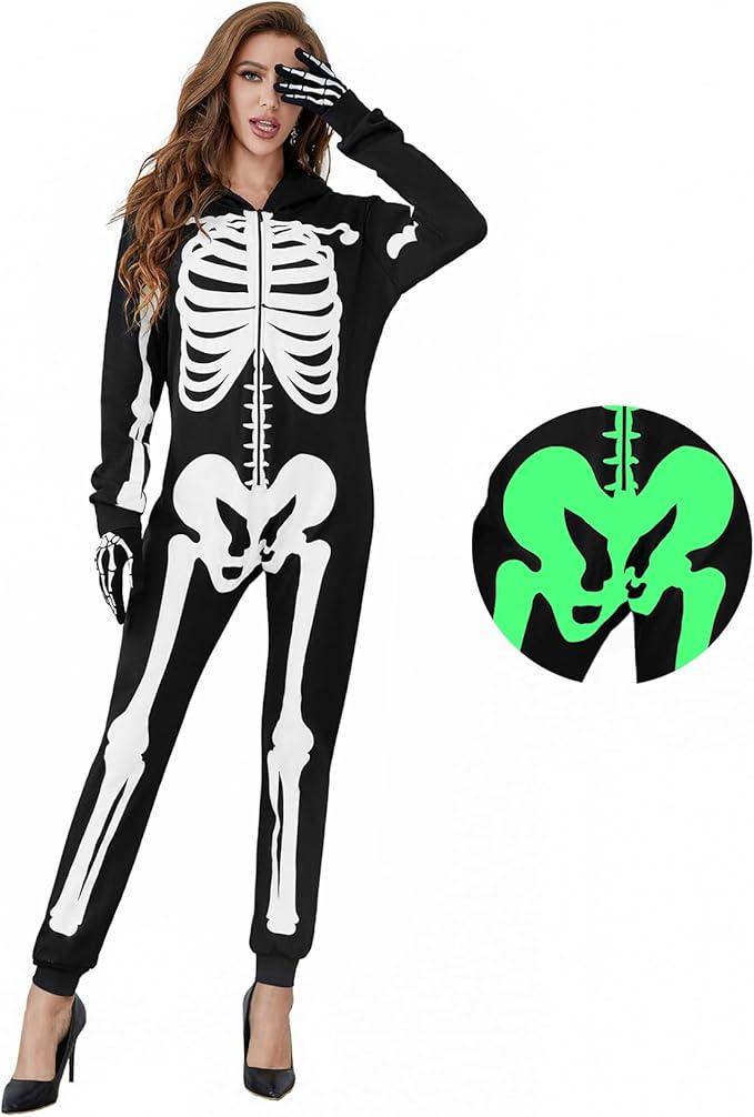 Amazon.com: Joy Bang Skeleton Costume Women, Halloween Glow in the Dark ...