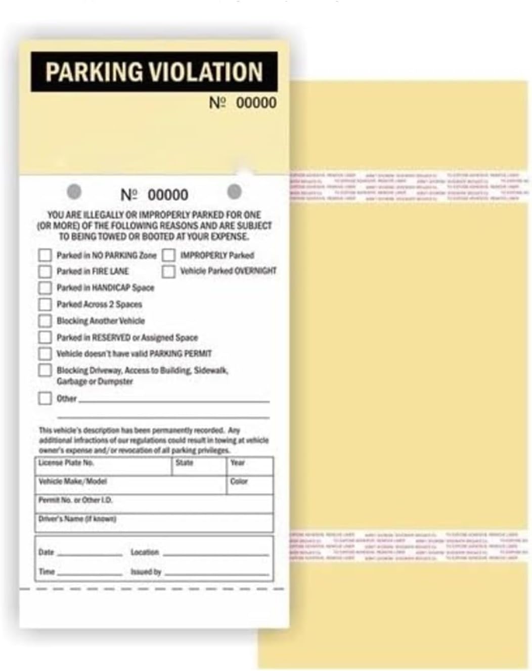 Parking Violation.Following Reason(S), 2-Part Carbonless Manila Tag ...