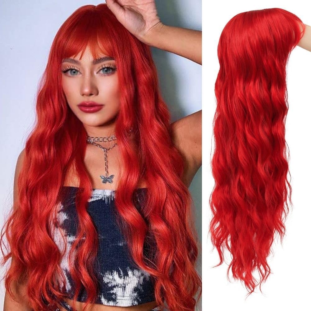 Amazon.com: Siudus Red Long Curly Wavy Wigs for Women with Bangs ...