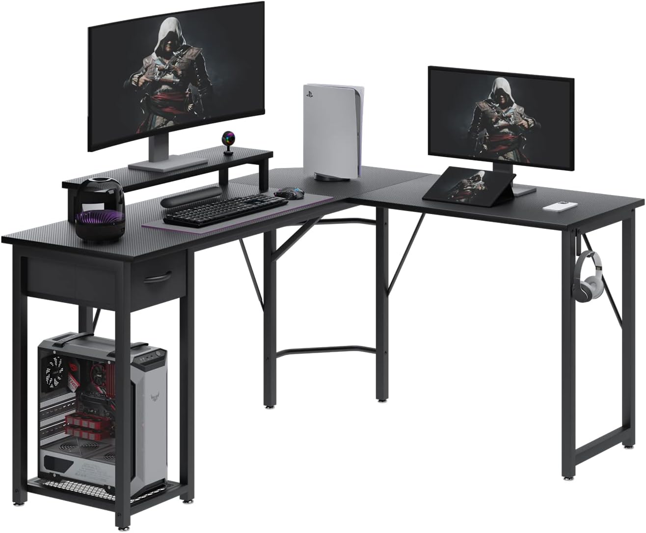 Neo Black Corner L-Shaped Desk Computer Gaming Laptop Table Workstation ...