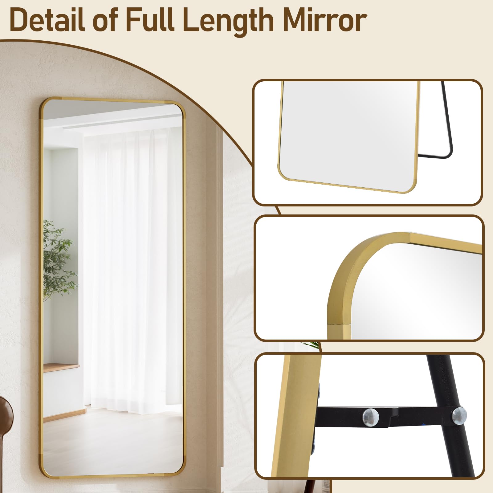 Snapklik.com : Gold Full Length Mirror, 65"x24" Rounded Corner Floor ...