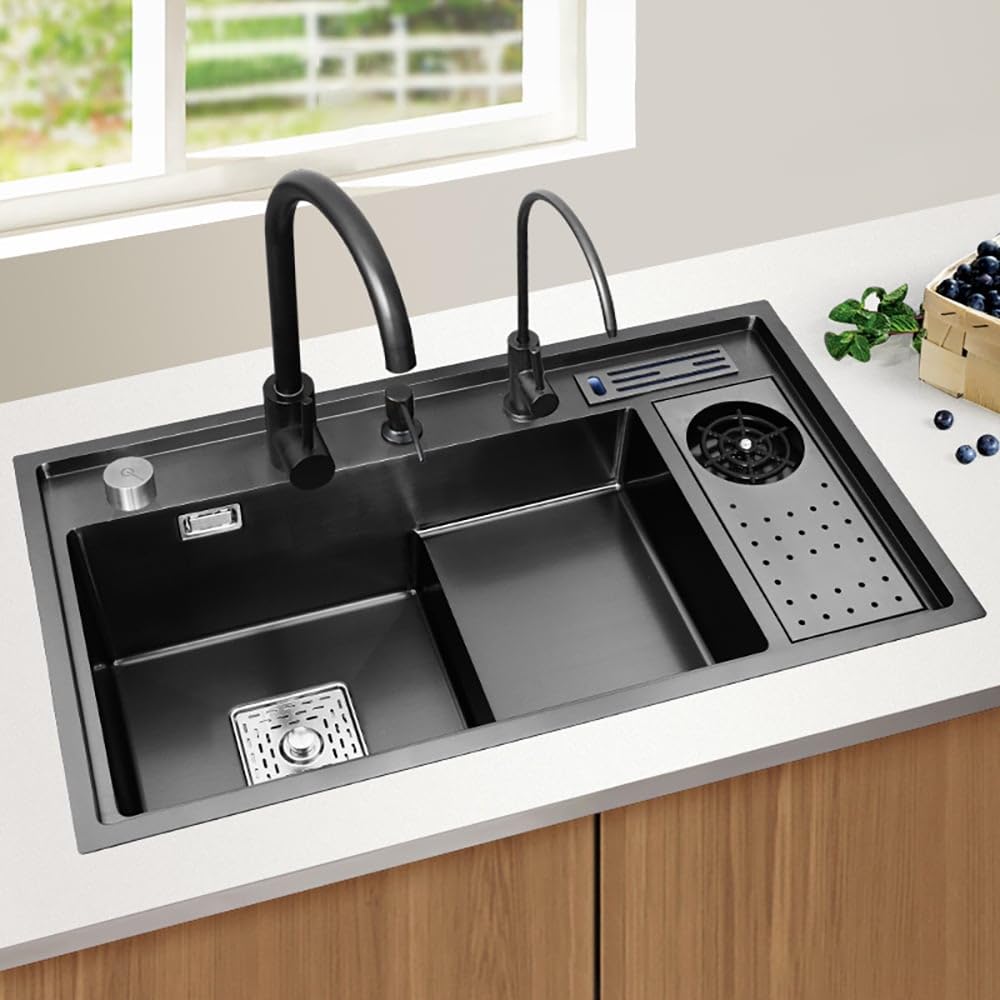 KunMai Drop-in Kitchen Sink Black Kitchen Sink Workstation with High ...