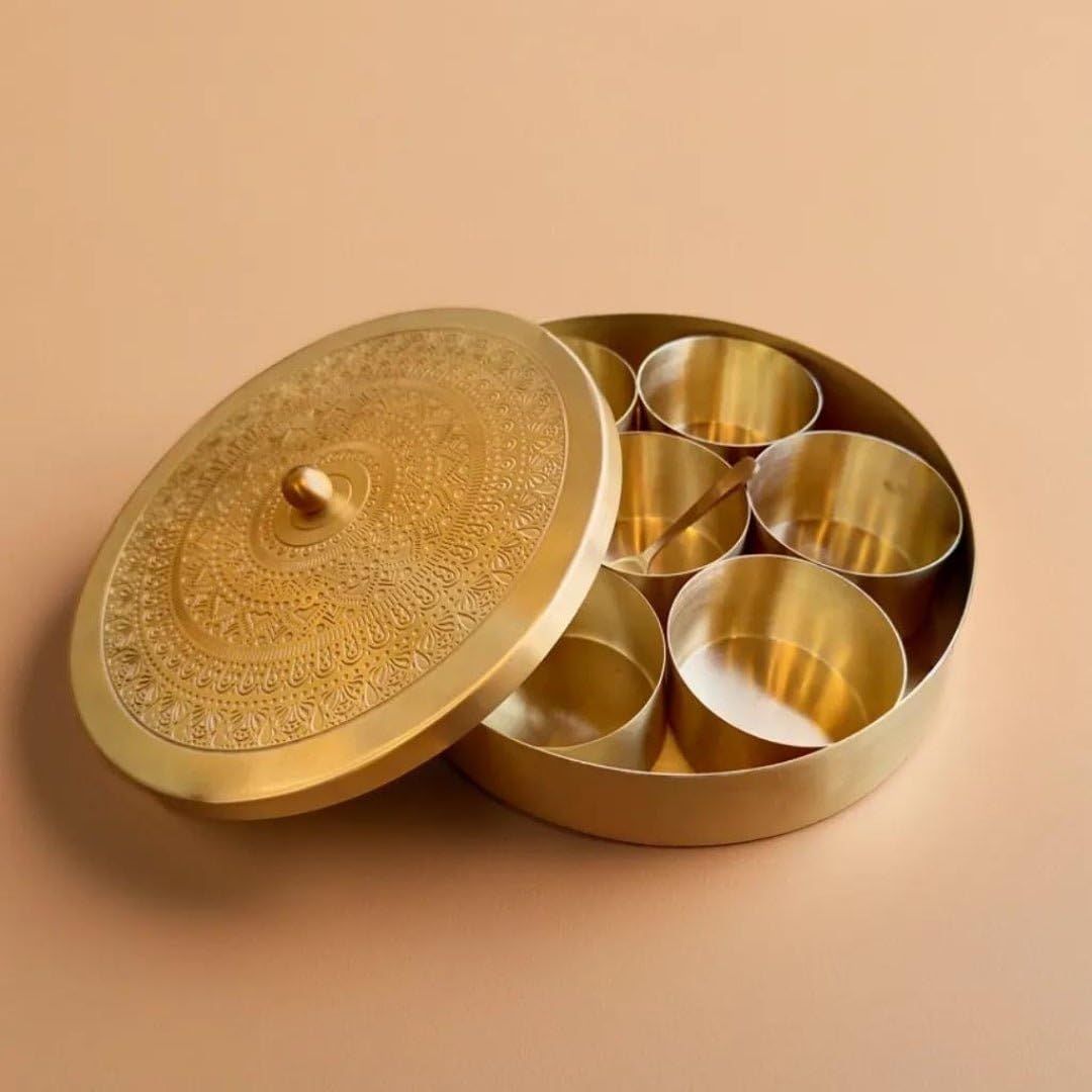 Buy Peepul Tree 'Mandala-Etched' Brass Masala Spice Box for Kitchen ...