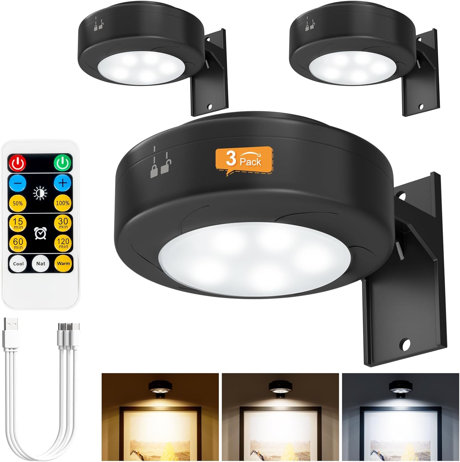 nulmvic 3 Pack Picture Lights for Wall-Rechargeable Battery Operated ...