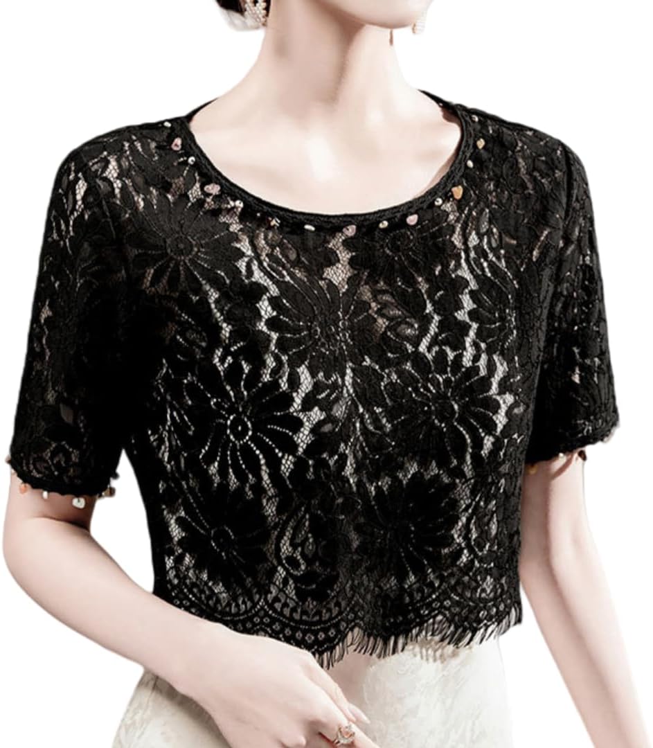 Women's Lace Hollow Short Sleeve Nail Bead Splicing Short Top Crew Neck ...