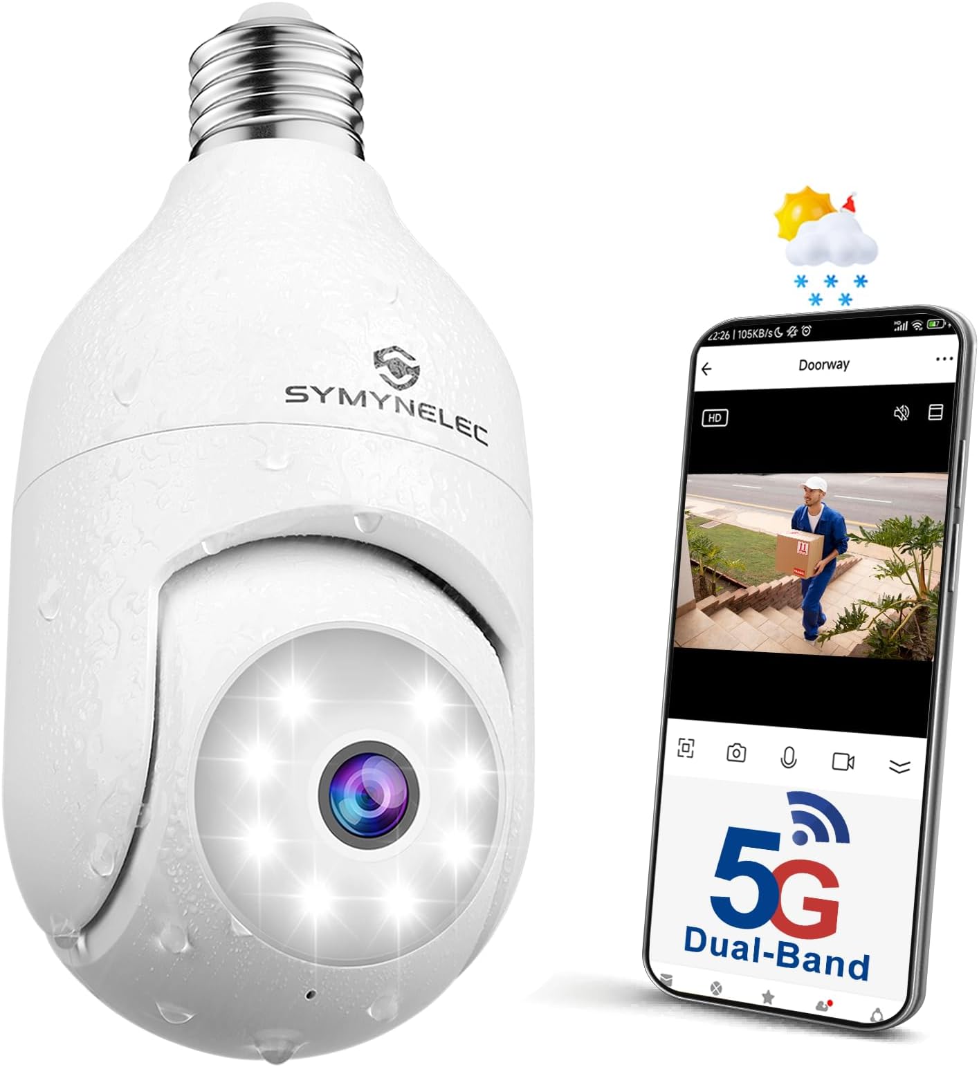 SYMYNELEC 5GHz/2.4GHz Light Bulb Security Camera Outdoor Waterproof, 5G ...