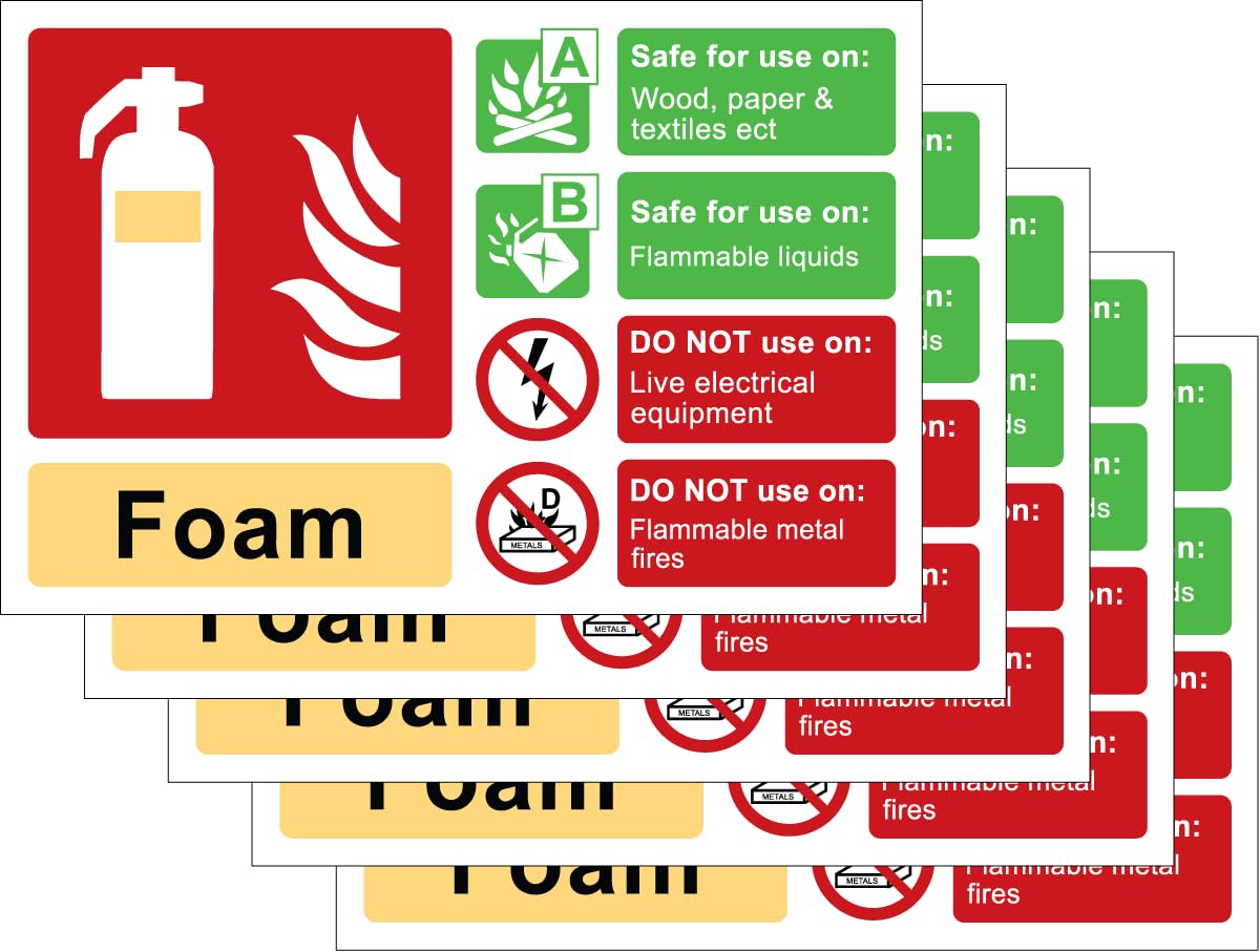 Pack of 5, 165mm x 110mm Foam Fire extinguisher label, self adhesive ...