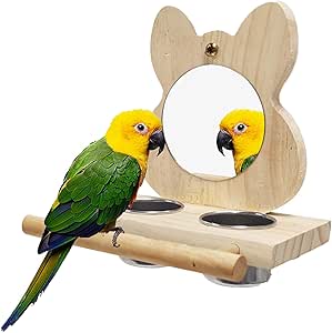 Vokowin Bird Perch with Mirror and Stainless Steel Feeding Cups, Wooden Parrot Mirror Toy for ...