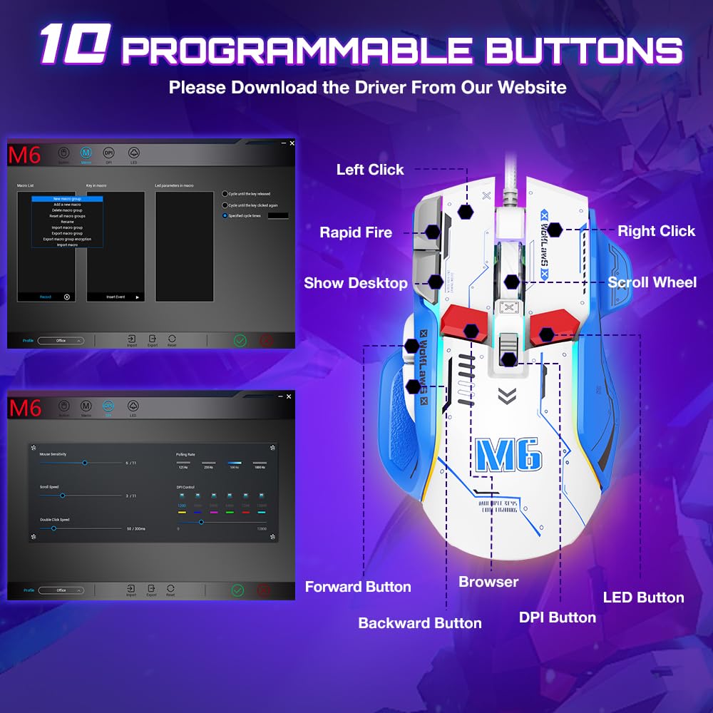 Snapklik.com : WolfLawS M6 RGB Gaming Mouse, 12800 DPI Wired PC Gamer Mice