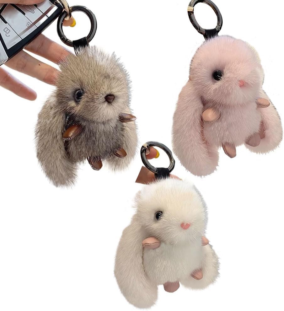 MQIONGJOOY Set of 3 Cute Fluffy Long Ear Bunny Rabbit Keychain, Soft ...