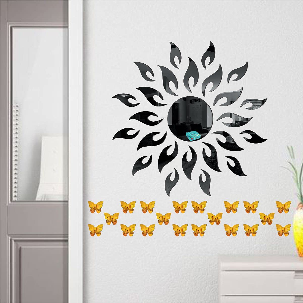 Buy Look Decor Sun Flame Black With 20 Butterfly Golden wall mirrors ...