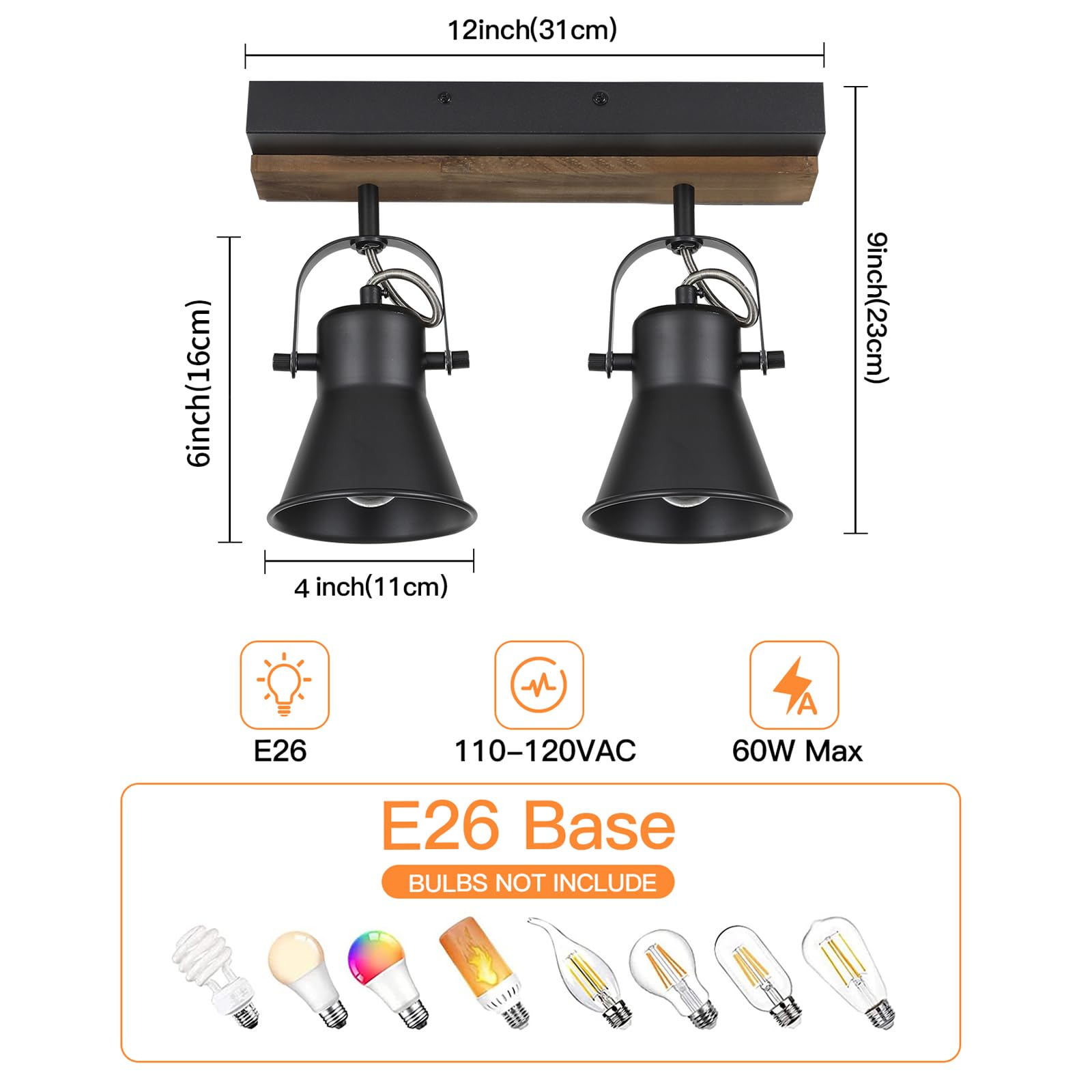 Snapklik.com : 2-Light Track Light Fixtures, Adjustable Ceiling/Wall Mount, Industrial Black ...