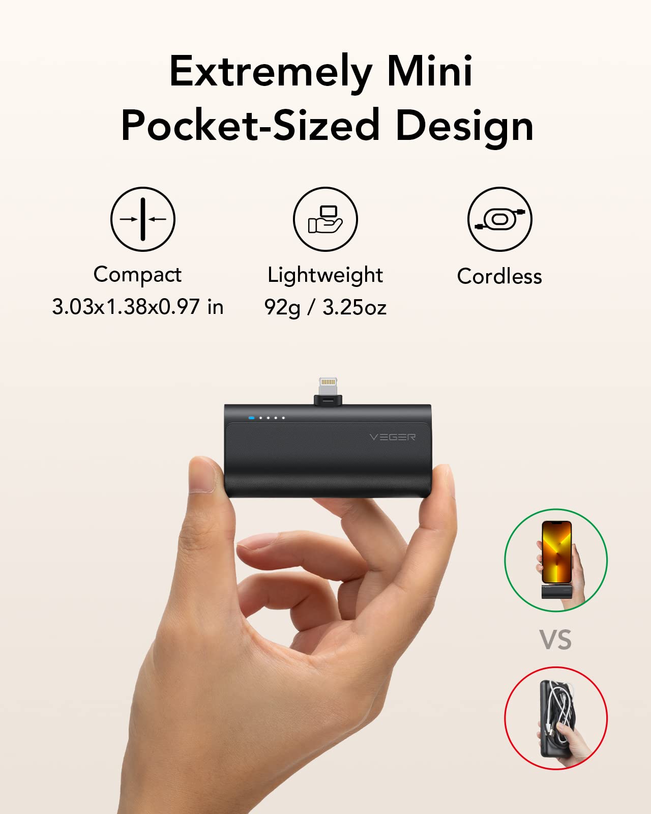 VEGER 2 Pack Portable Chargers for iPhone, 5000mAh Mini Fast Charging ...