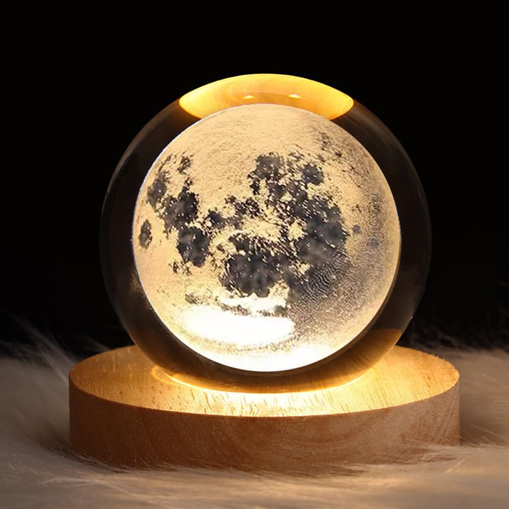 DRYFAL 3D Moon Crystal Ball Night Light for Kids Glass Ball Night Lamp ...