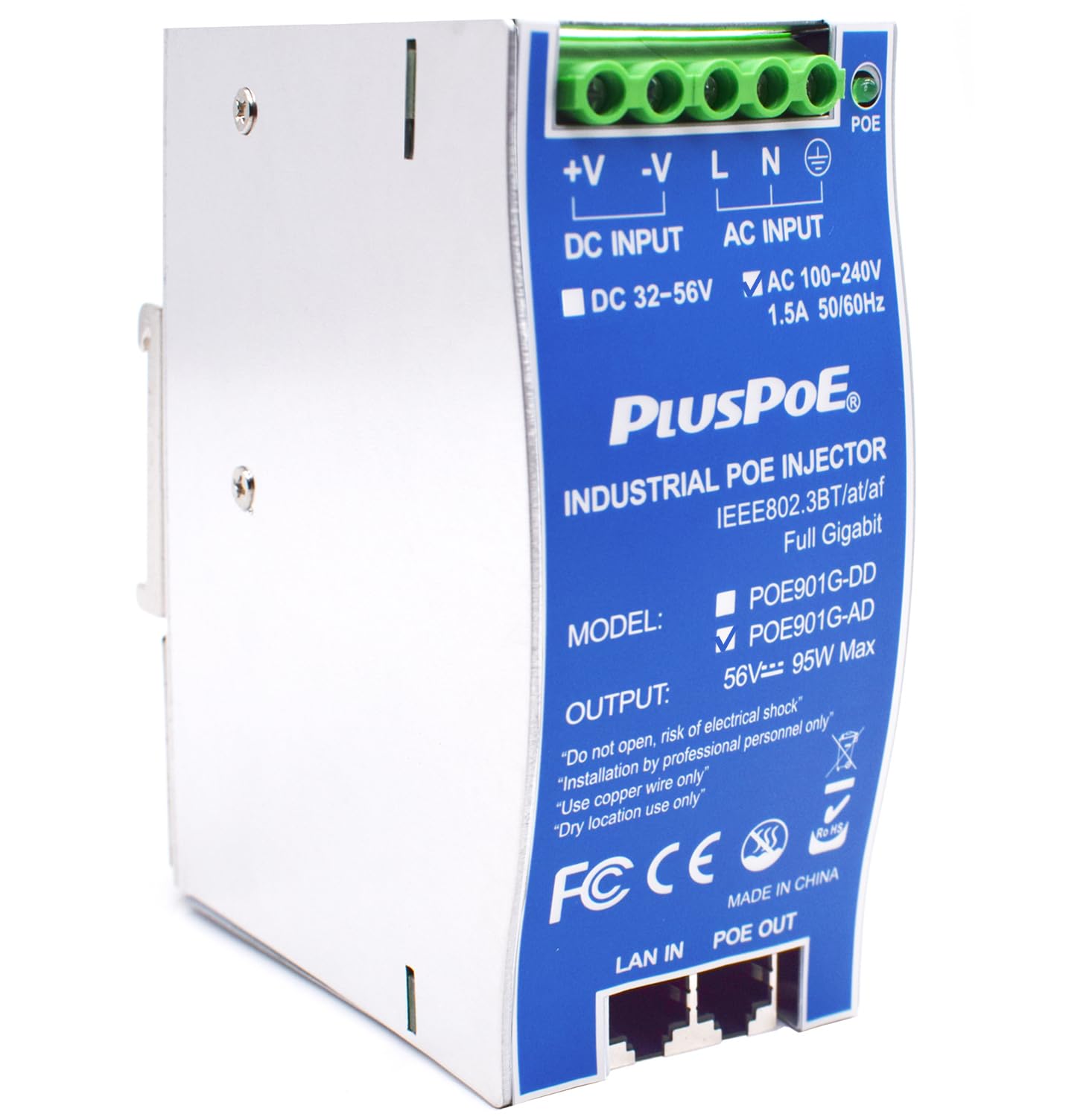 Amazon.com: Gigabit Industrial PoE++ Injector 95W IEEE 802.3BT/at/af ...