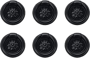 Wealrit 6 Pcs Antique Black Drawer Pull Rings Metal Cabinet Ring Handles with Round Floral ...
