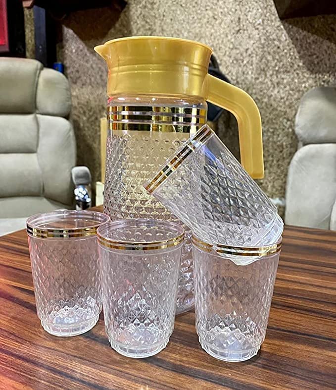 Buy KUMISHRI Water Jug with Lid & 4 Glass Transparent Crystal Clear ...
