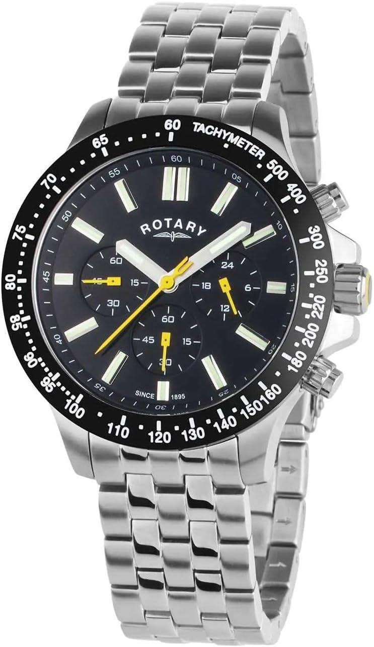 Rotary Mens Black Dial Stainless Steel Bracelet Analogue Chronograph ...