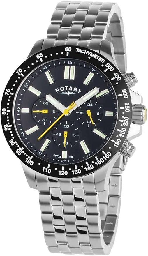 Rotary Mens Black Dial Stainless Steel Bracelet Analogue Chronograph ...