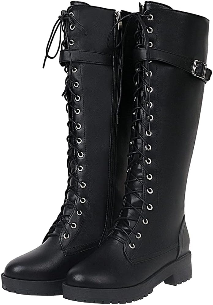 Amazon.com | Meefit Women Low Heel Knee High Military Boots Gothic Lace ...