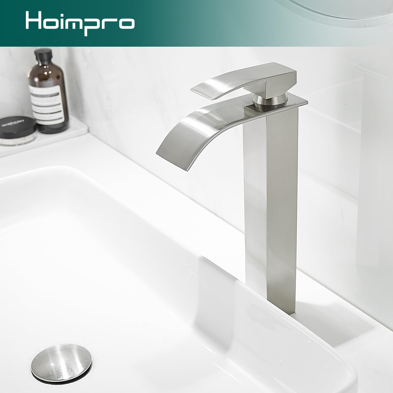 Hoimpro Brushed Nickel Waterfall Bathroom Faucet with cUPC Supply Lines ...