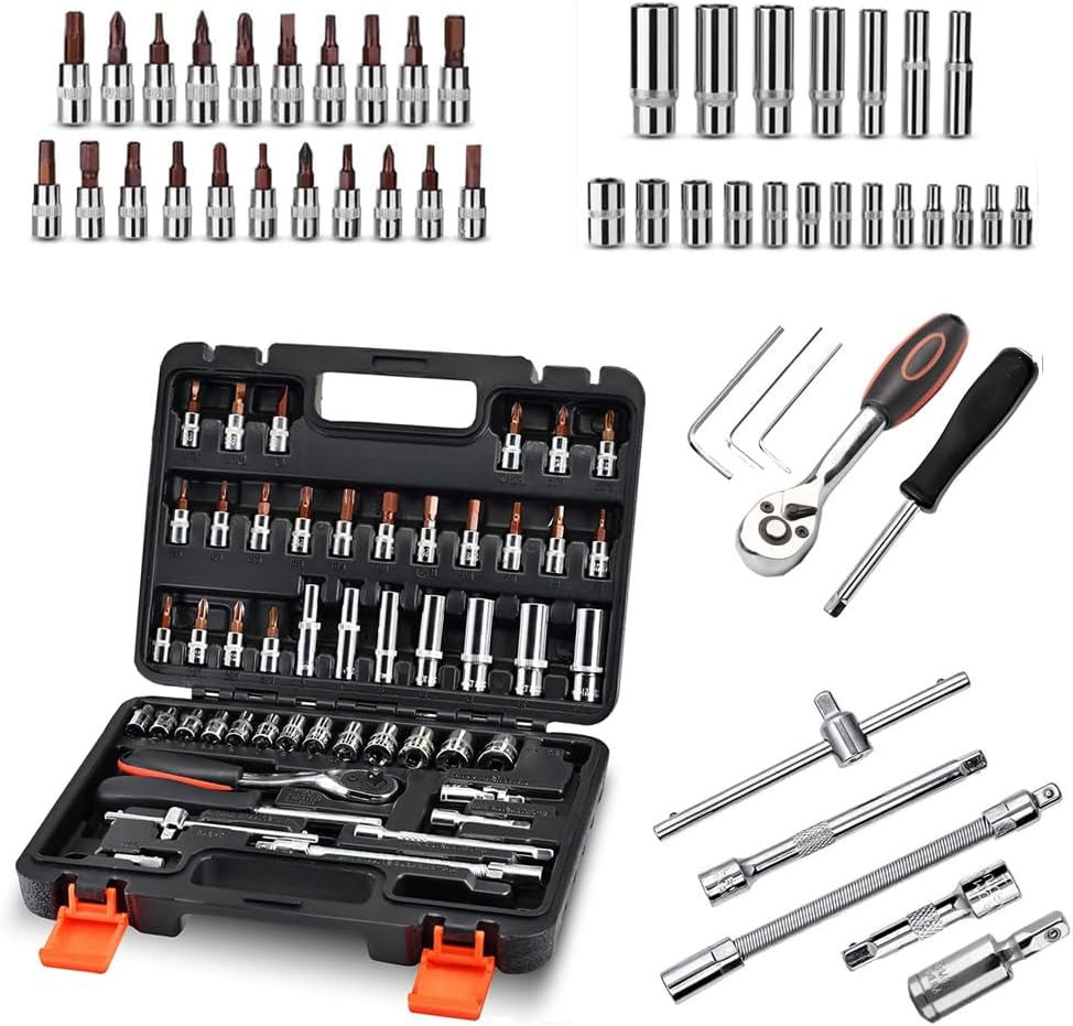 Azonee 53 Piece 1/4 Socket Wrench Set, 72 Teeth Quick Release Ratchet ...