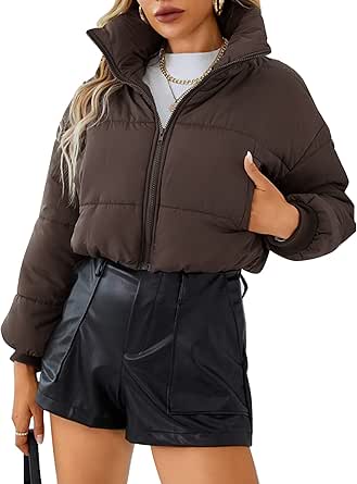 Flygo Cropped Puffer Jacket for Women Stand Collar Zip Up Winter Padded Bubble Coat (Brown-L) at ...
