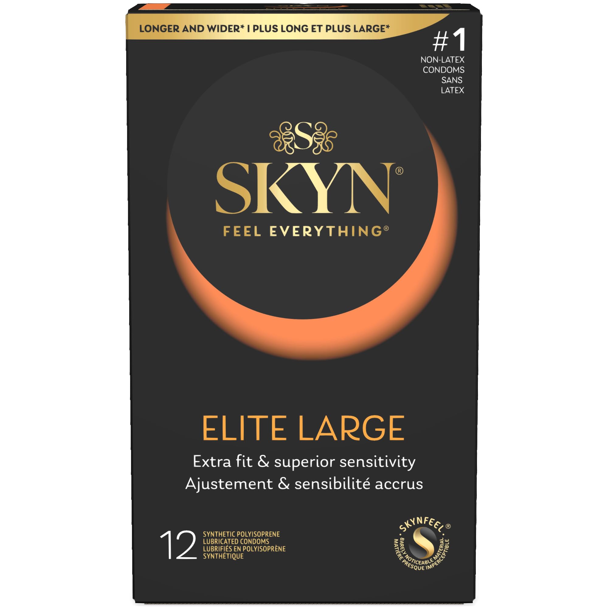 SKYN Elite Large Non-Latex Lubricated Condoms, 12 Count, Longer and Wider for a More Comfortable ...