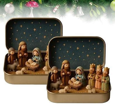 Amazon.com: Mini Nativity in a Tin Box, Christmas Resin Figure Scene ...