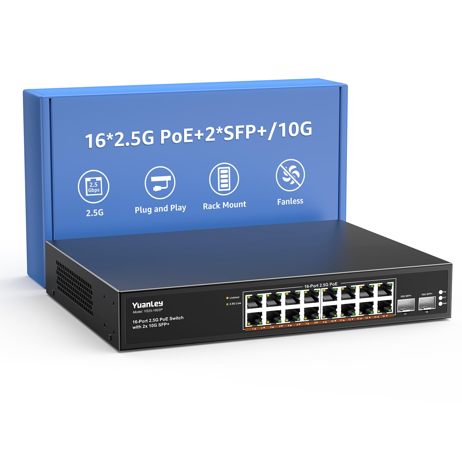 Amazon.com: YuanLey 18 Port 2.5G PoE Switch Unmanaged, 16 x 2.5G Base-T ...
