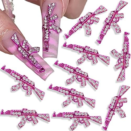 Amazon.com: 3D Pink Gun Nail Charms,Luxury Diamond Alloy Gun Nail Charm ...