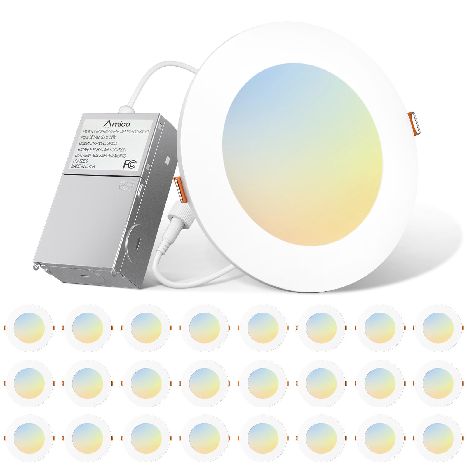 Amico 24 Pack 6 Inch 5CCT Ultra-Thin LED Recessed Ceiling Light with ...