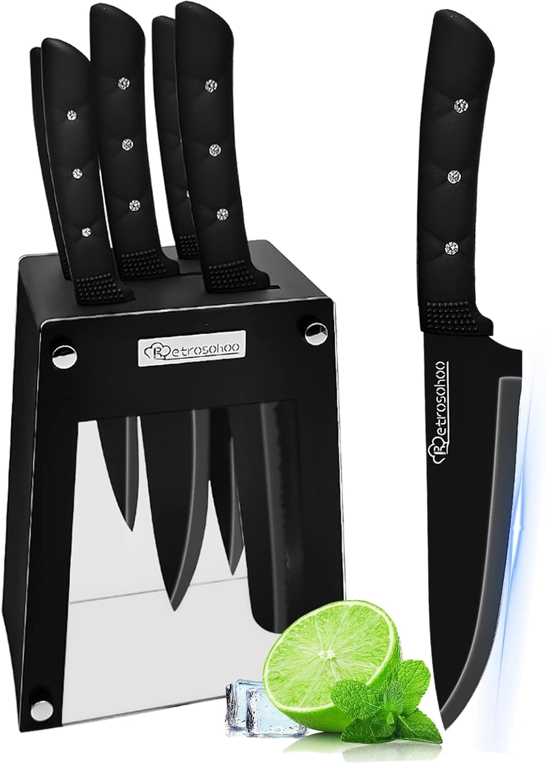 Amazon.com: Kitchen Knife Set, 6 Pieces Black Stainless Steel Sharp ...