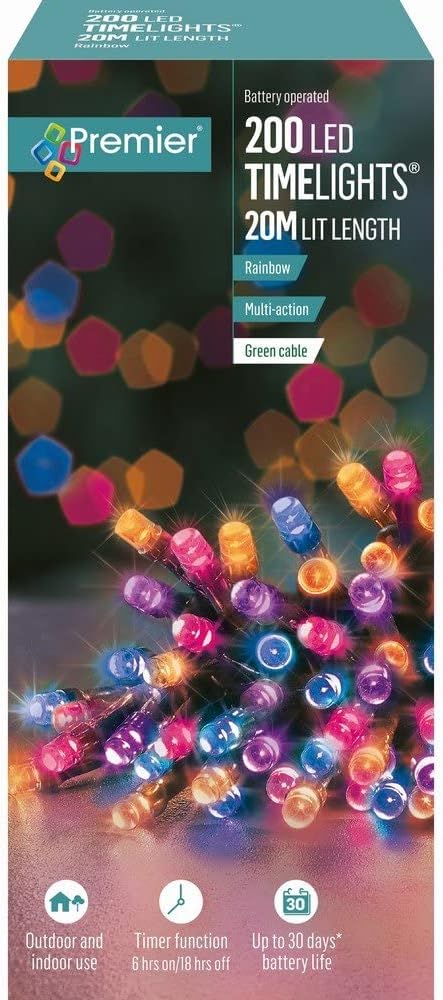 Premier 200 Rainbow Multi Action Battery Operated LED Lights with Timer ...