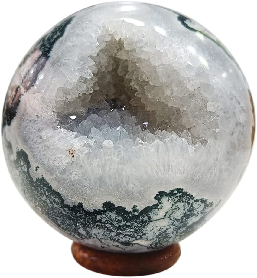 CIMWJOPS Green Moss Agate Crystal Sphere Ball, druzy geode Sphere ...