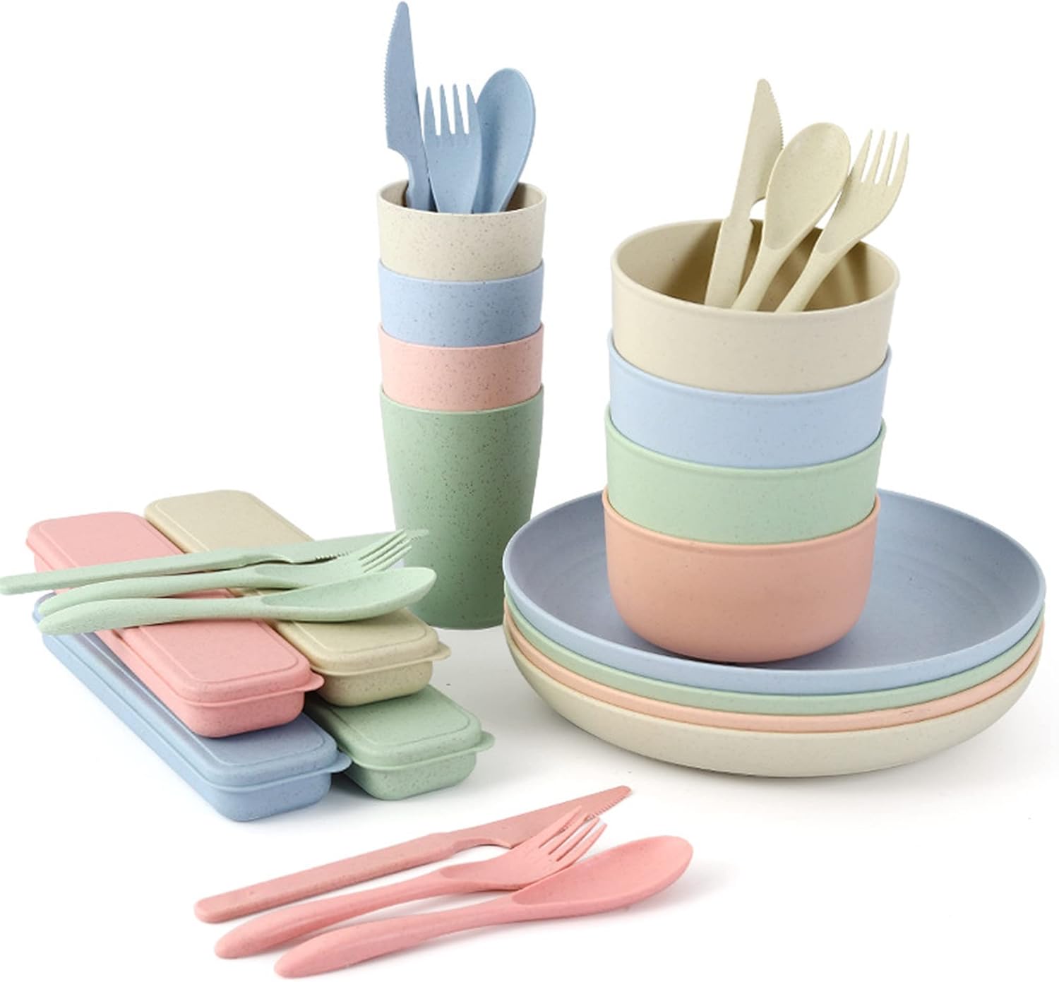 28Pcs Camping Dinnerware Set for 4 - Cups, Bowls, Plates, Cutlery ...