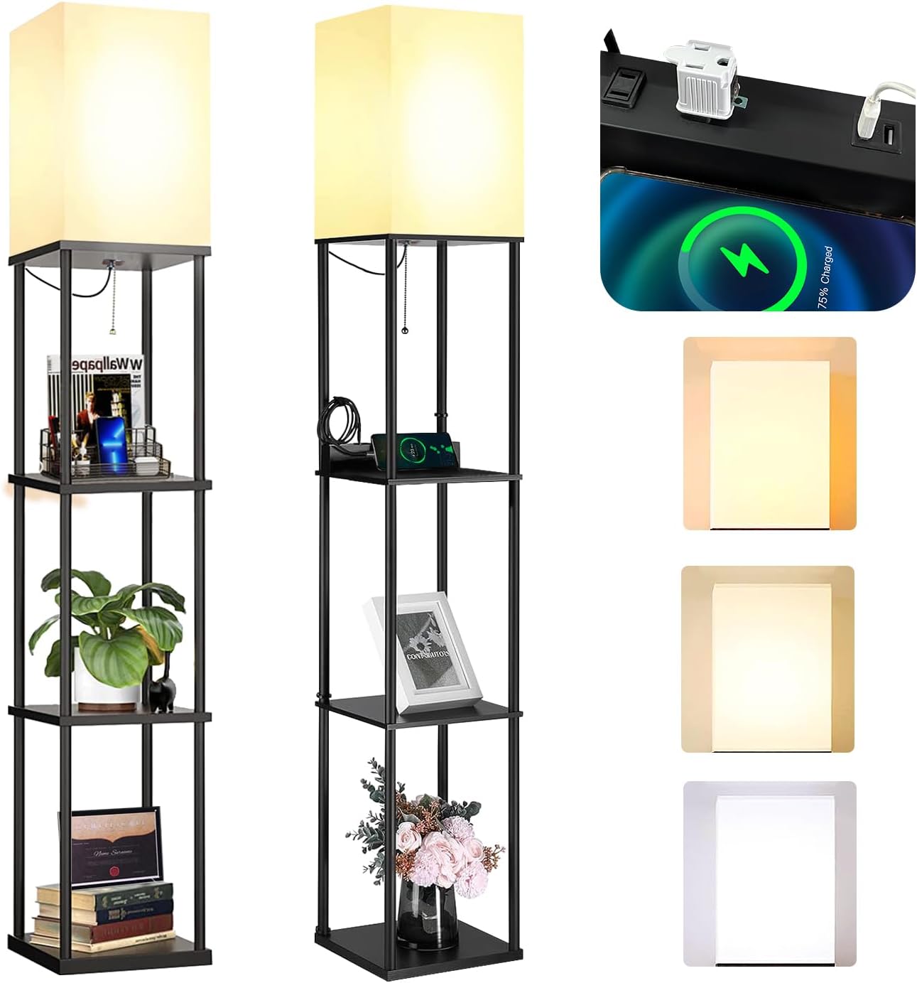 2 Packs Floor Lamp w. Shelves Including 2AC Outlets & 2USB Ports 9W LED ...