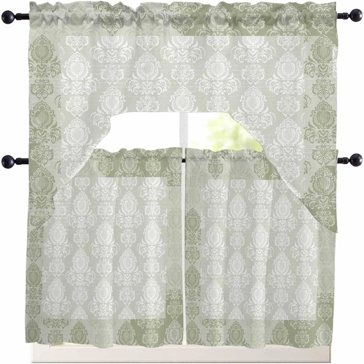 Amazon.com: Sage Green Damask Swag Kitchen Curtains Valance and Tier ...