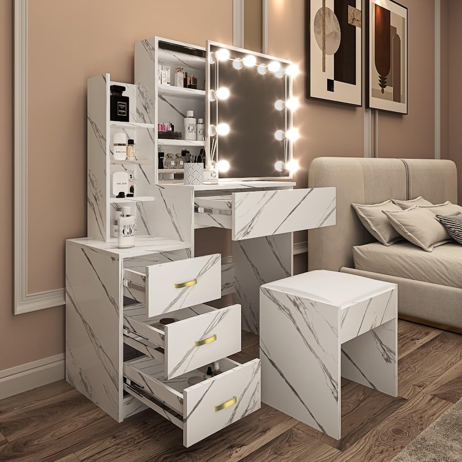 Dressing Table with LED Lights, Vanity Table with Adjustable Brightness ...