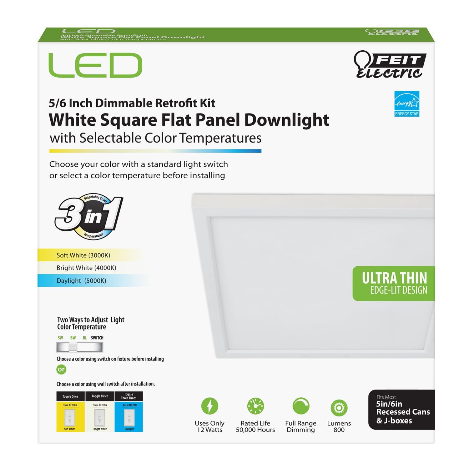 Feit Electric 74208 LED Square Flat Panel Downlight, Dimmable, Ultra ...