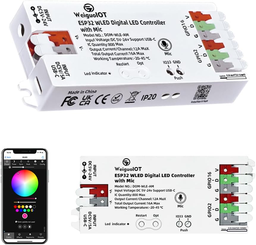WeiguoIOT ESP32 WLED Digital LED Strip Controller with Microphone,Music ...