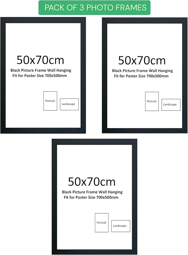 50x70 cm (Pack of 3 frames) Wooden Photo Frame - Black Picture Frames 50 x 70 cm - 70x50cm Photo ...